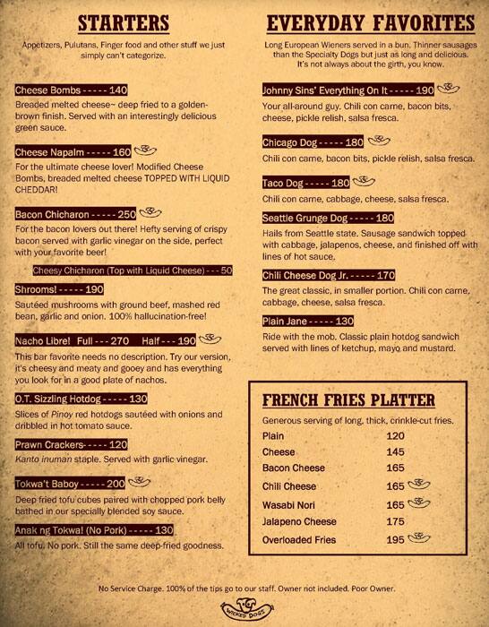 Menu at Wicked Dogs restaurant, Makati
