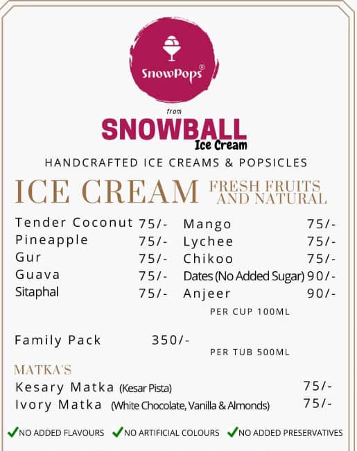 Menu of Snowball Ice Cream, CDA Sector 6, Cuttack