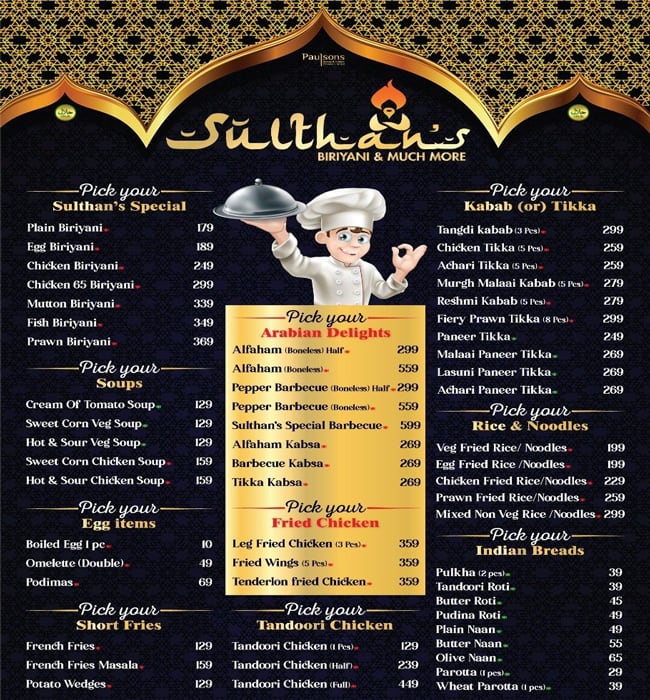 Menu at Sulthan's Biryani, Chennai, UG 47/A
