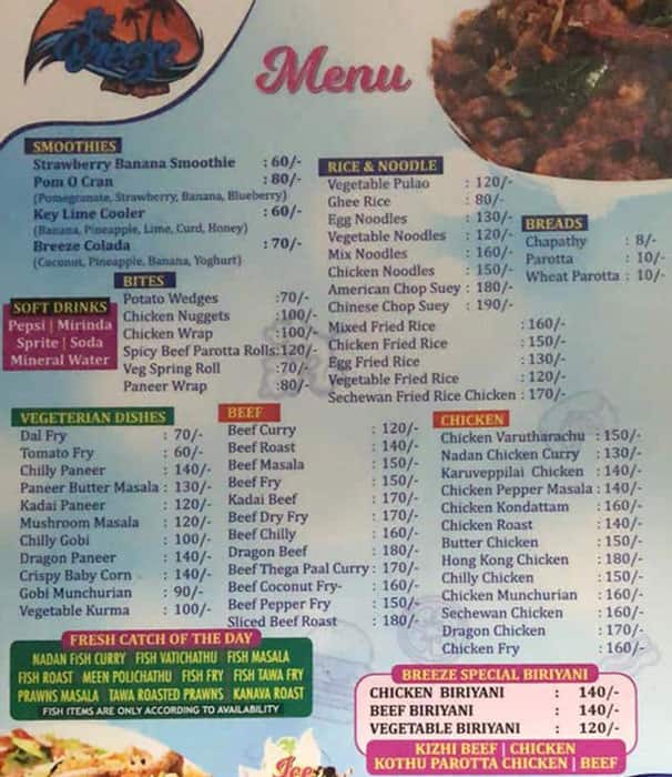Menu of The Breeze Cafe And Restaurant, Kulathoor, Trivandrum