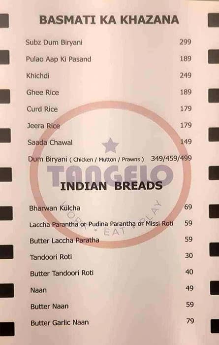 Menu of Tangelo By Kyriad, Chinchwad, Pune