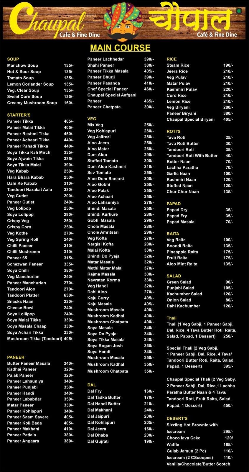 Menu of Chaupal Cafe & Fine Dine, Civil Lines, Jabalpur