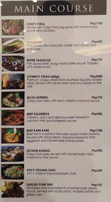 Menu at APU Authentic Filipino Cuisine restaurant, Parañaque
