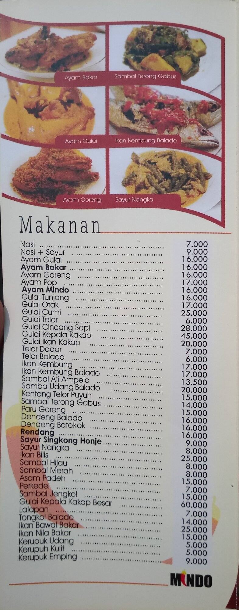 Menu at R.M. Minang Balado restaurant, South Jakarta, Jl. Prof Supomo ...