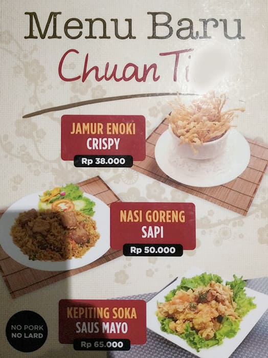 Menu at Chuan Tin restaurant, Tangerang, supermall karawaci