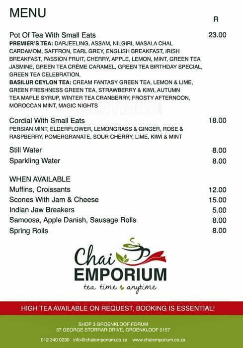 Menu at Chai Emporium cafe, Pretoria