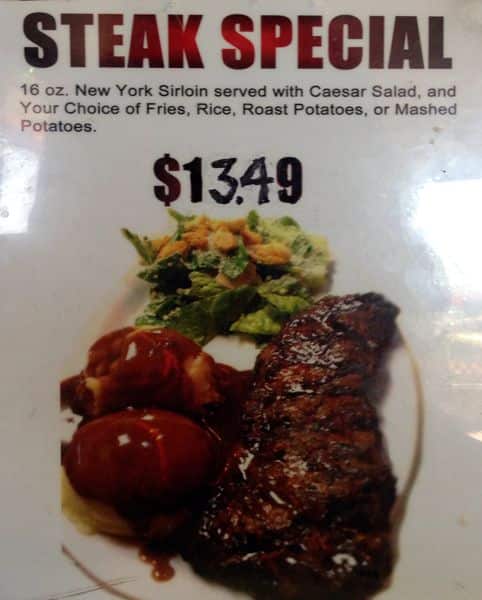 Menu at T-Bones steakhouse, Toronto