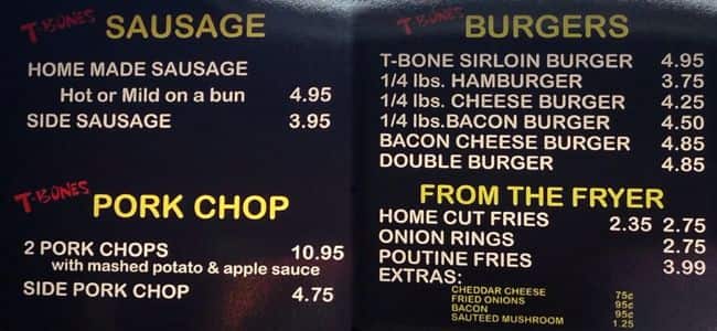 Menu at T-Bones steakhouse, Toronto