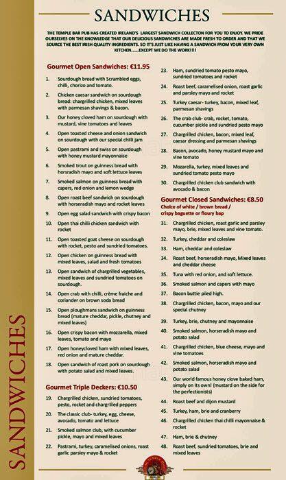 Menu at The Temple Bar Pub, Dublin