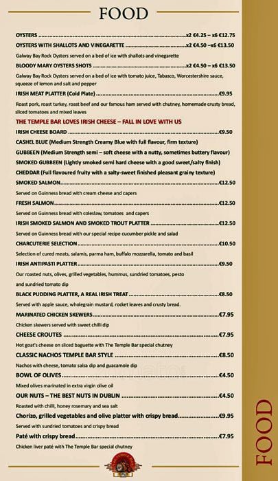 Menu at The Temple Bar Pub, Dublin