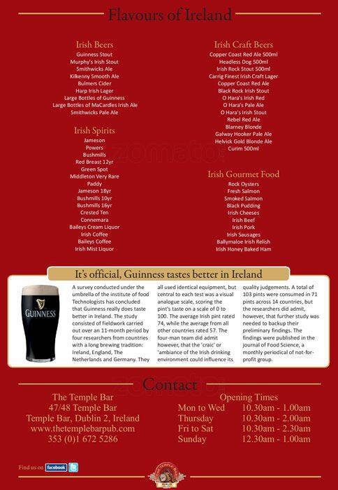 Menu at The Temple Bar Pub, Dublin
