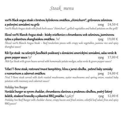 Menu at Cosmopolitan restaurant, Žilina