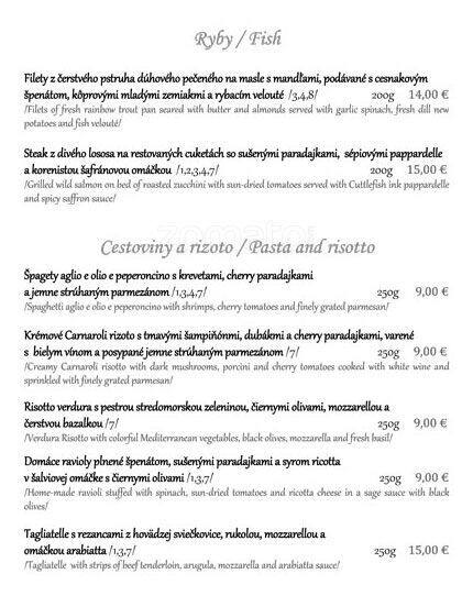 Menu at Cosmopolitan restaurant, Žilina