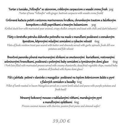 Menu at Cosmopolitan restaurant, Žilina