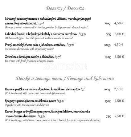Menu at Cosmopolitan restaurant, Žilina