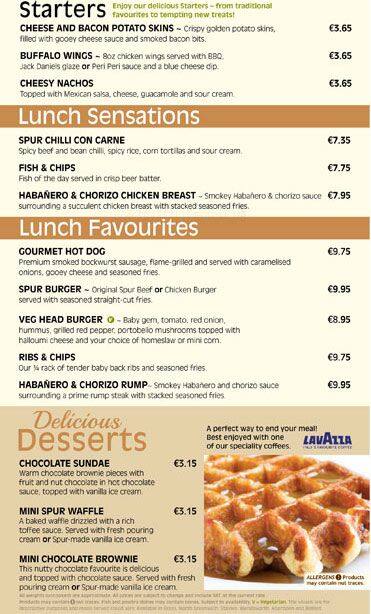 Menu at Spur Steakhouse, Dublin