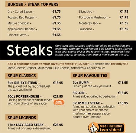Menu at Spur Steakhouse, Dublin