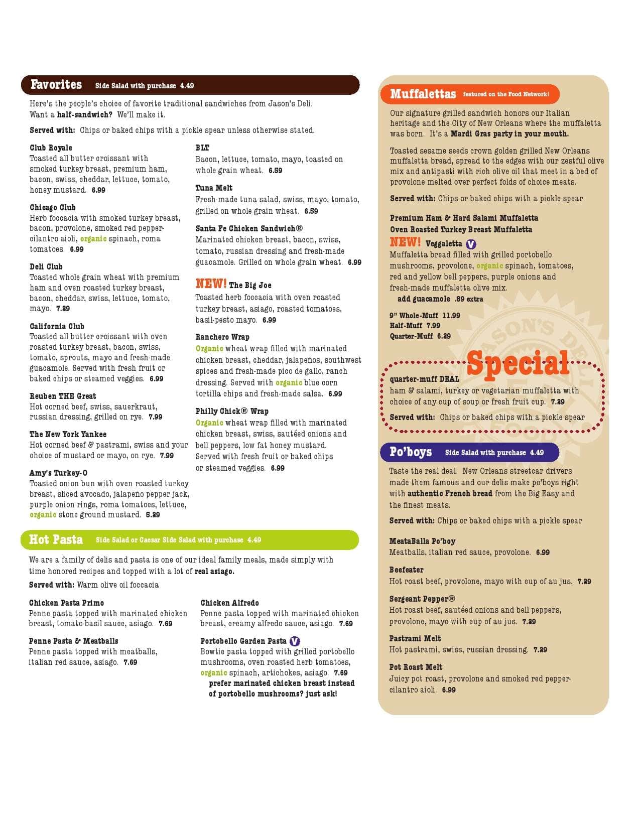 Menu at Jason's Deli restaurant, Pembroke Pines