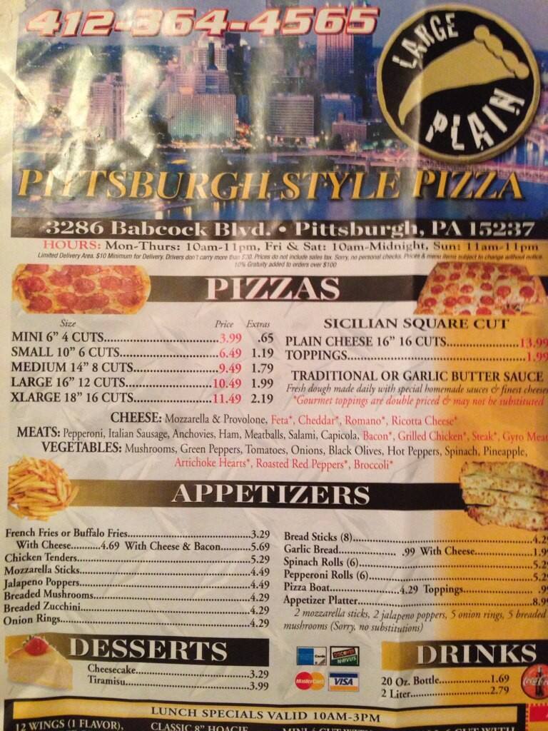 Menu at Large Plain pizzeria, Pittsburgh