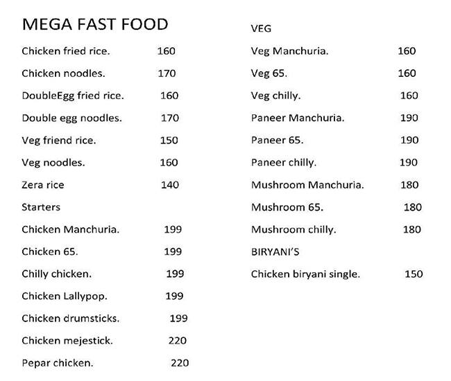 Menu of Mega Fast Food, Madhapur, Hyderabad