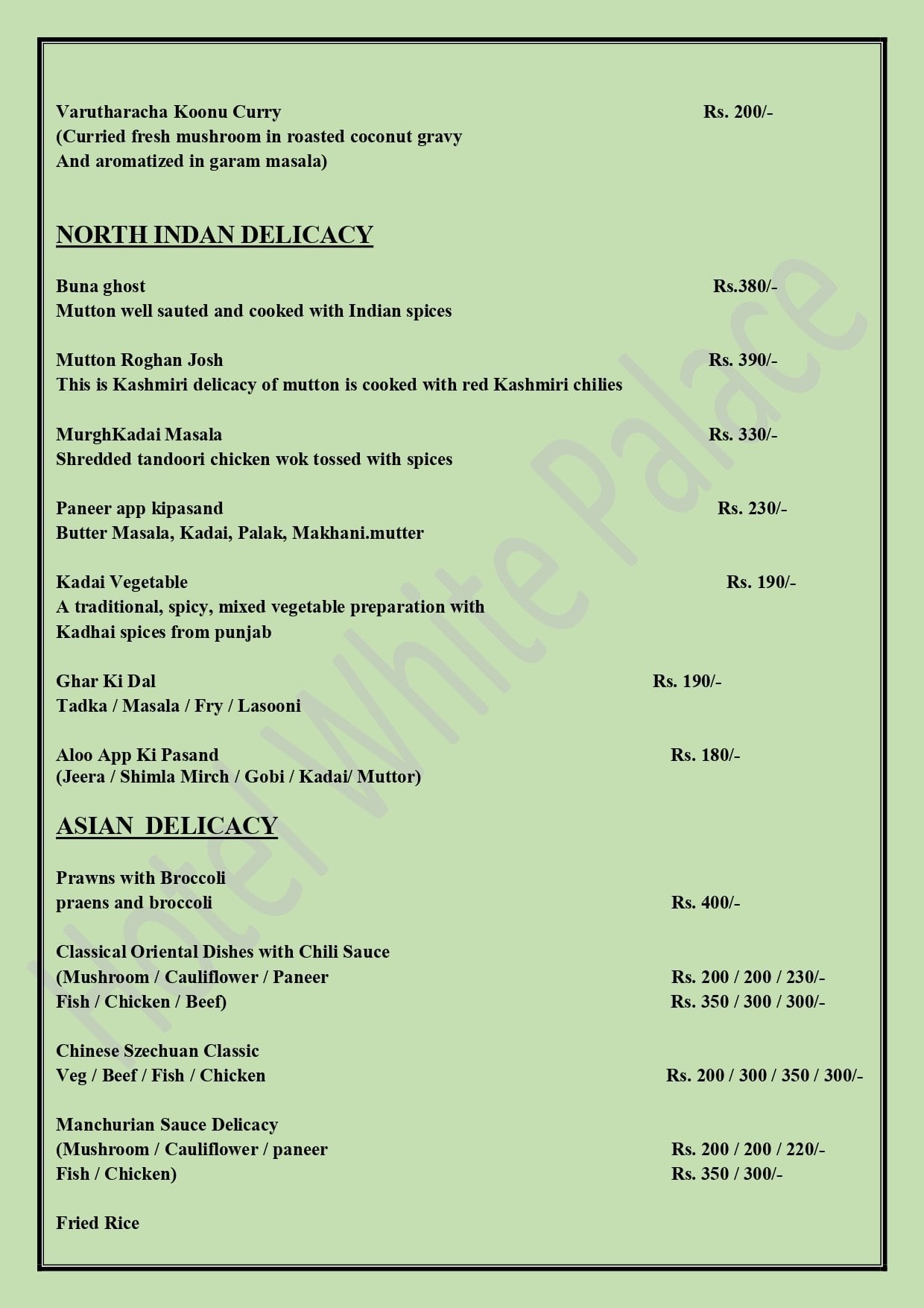Menu at White Palace Fine Gold Bar, Thrissur