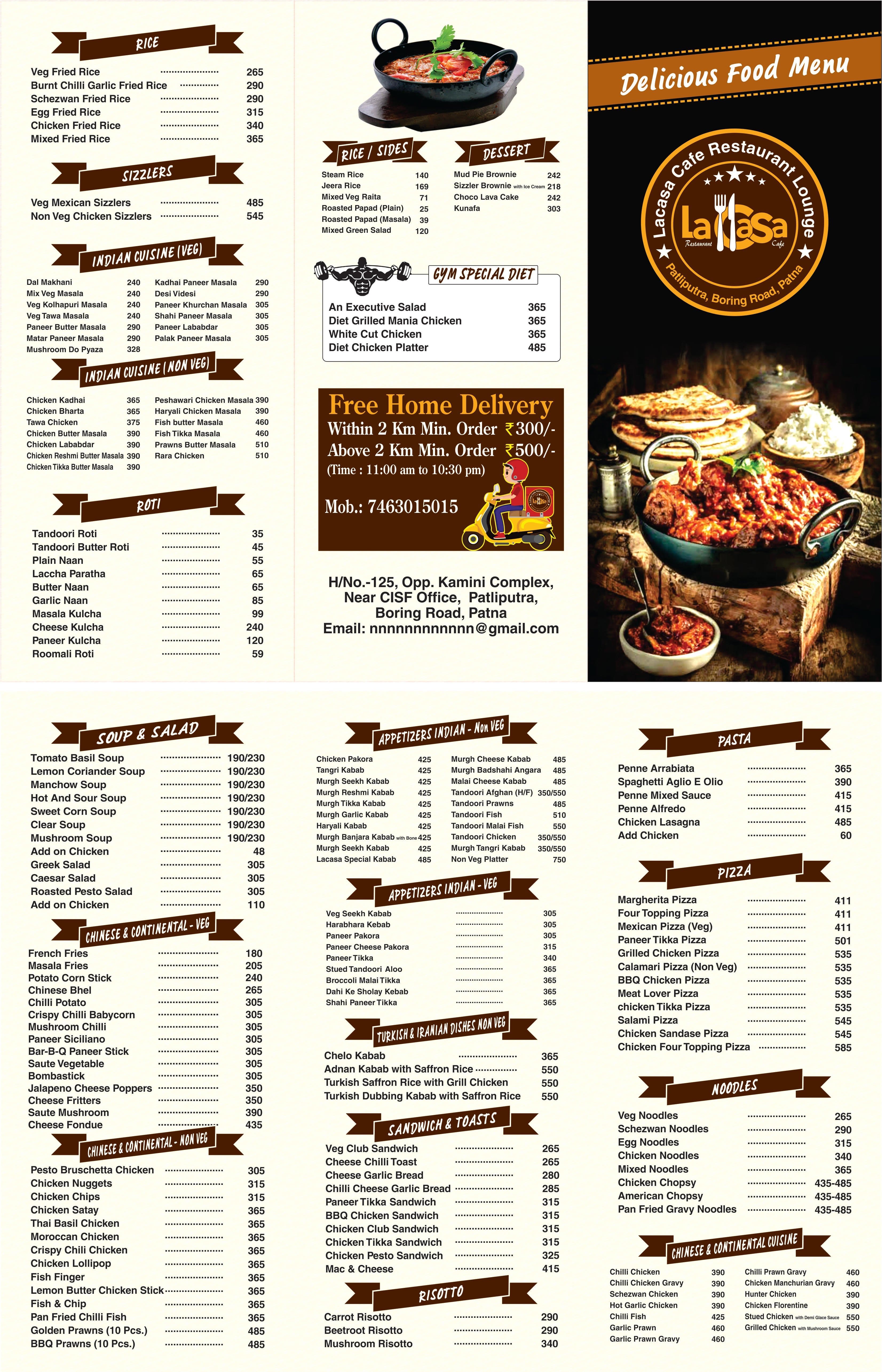 Menu of Lacasa Cafe, Patliputra Colony, Patna