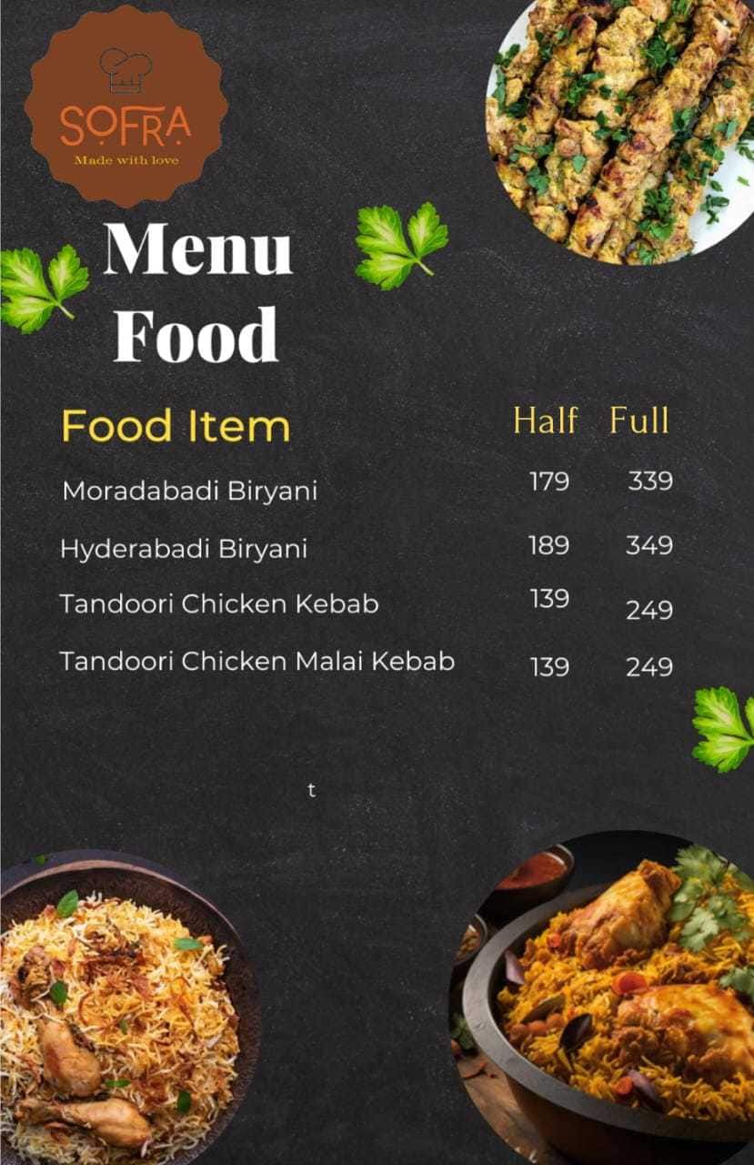Menu of Sofra, Khora Colony, Noida