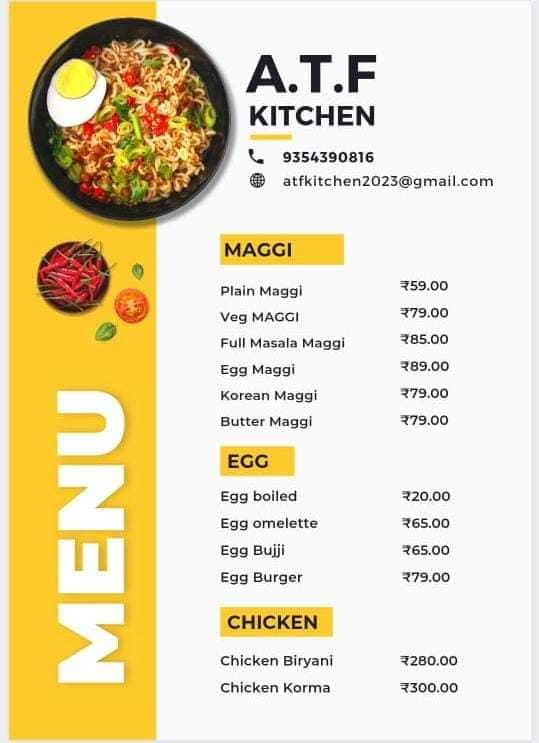 Menu of ATF Kitchen, Wazirabad, New Delhi