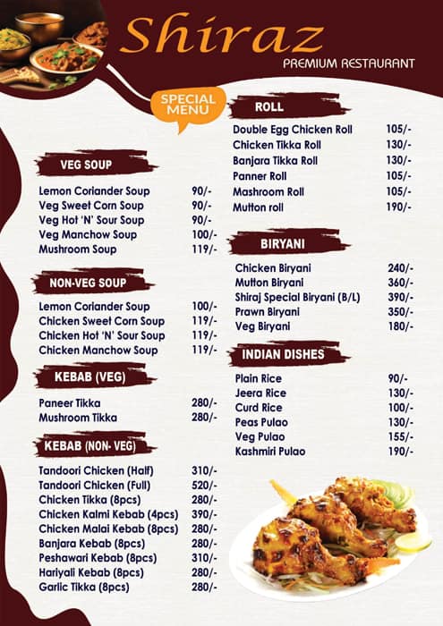 Menu of Shiraz Premium Restaurant, Kharabela Nagar, Bhubaneshwar
