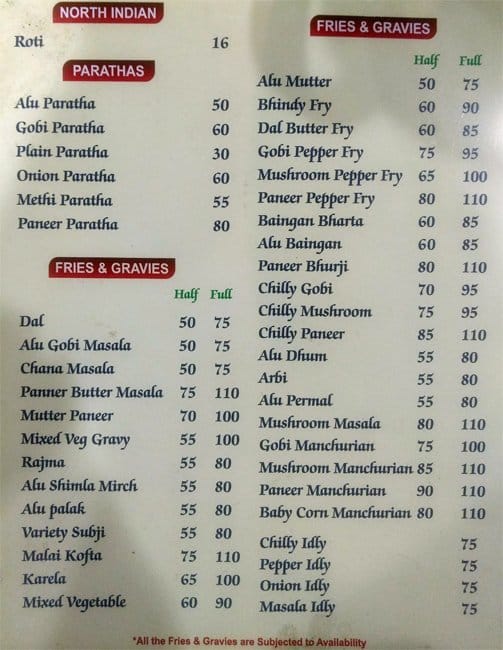 Menu of Sri Krishna Bhavan Restaurant, Town Hall, Coimbatore