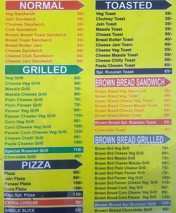 Menu of Raju Sandwich, Fort, Mumbai