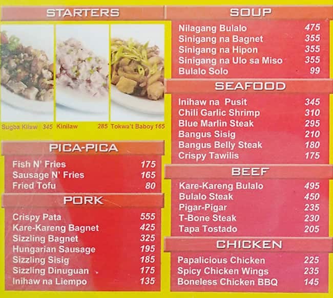 Menu at Papa Prito restaurant, Tagaytay, Unit 2B-4 Grandview Complex Brgy