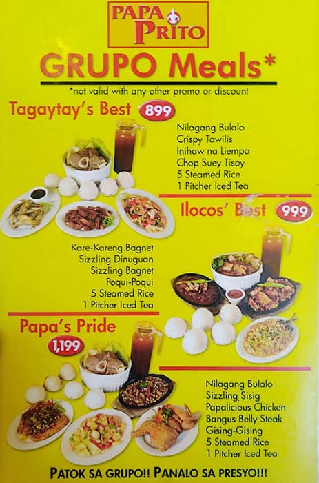 Menu at Papa Prito restaurant, Tagaytay, Unit 2B-4 Grandview Complex Brgy