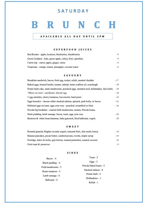 Menu at Pravda Cafe & Grill, Wellington