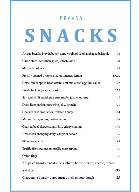 Menu at Pravda Cafe & Grill, Wellington