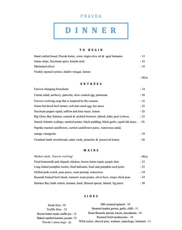 Menu at Pravda Cafe & Grill, Wellington