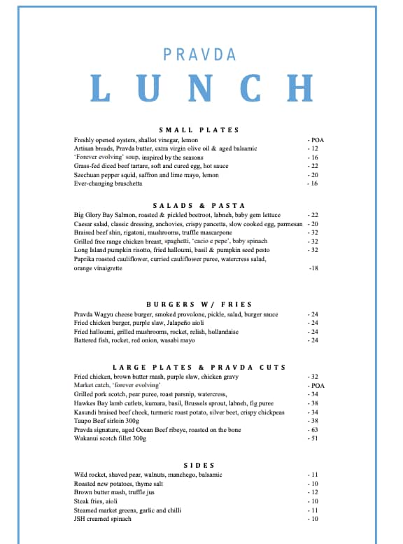 Menu at Pravda Cafe & Grill, Wellington
