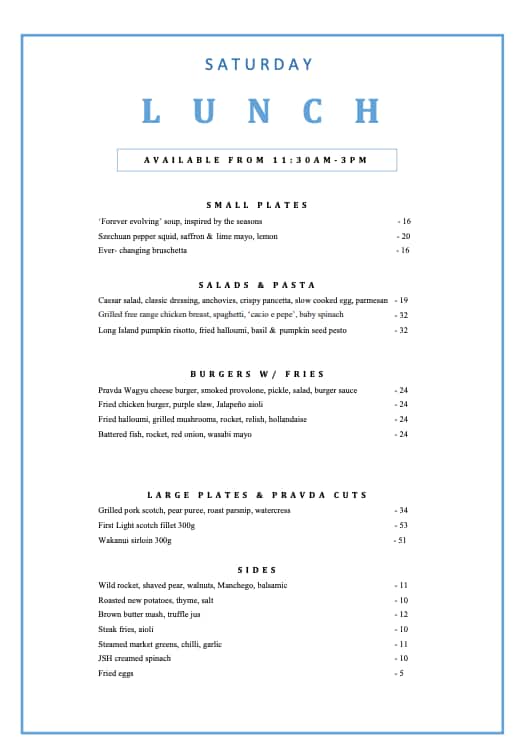 Menu at Pravda Cafe & Grill, Wellington