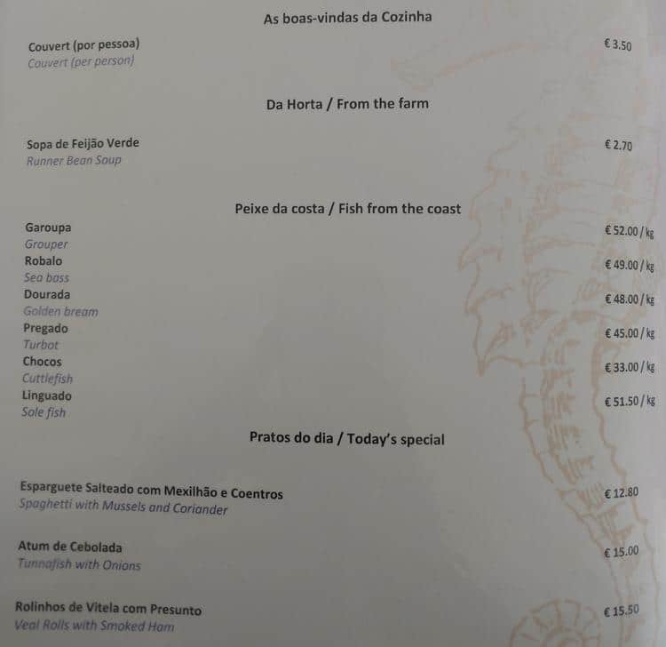 Menu em Terrace Hotel Arribas restaurante, Sintra