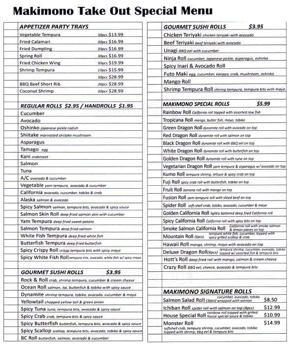 Menu at Makimono Japanese Restaurant, Pickering