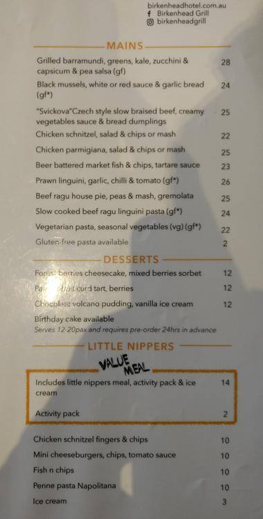 Menu at The Birkenhead Hotel pub & bar, Russell Lea