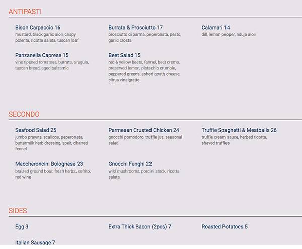 Menu at Italian Kitchen restaurant, Vancouver, 860 Burrard St