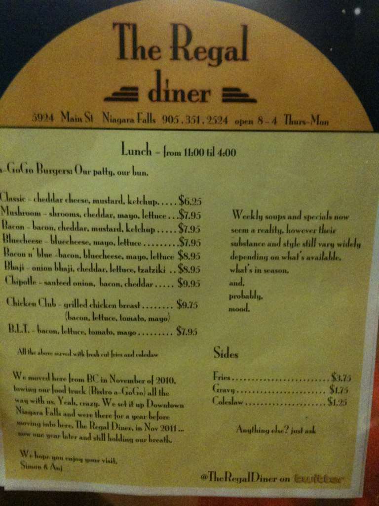 Menu at The Regal Diner restaurant, Niagara Falls