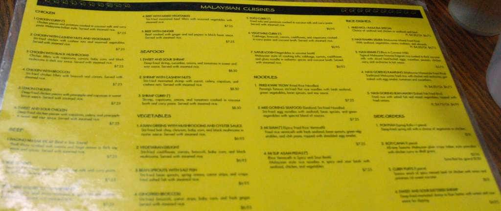 Menu at Rasa Ria restaurant, Kalamazoo