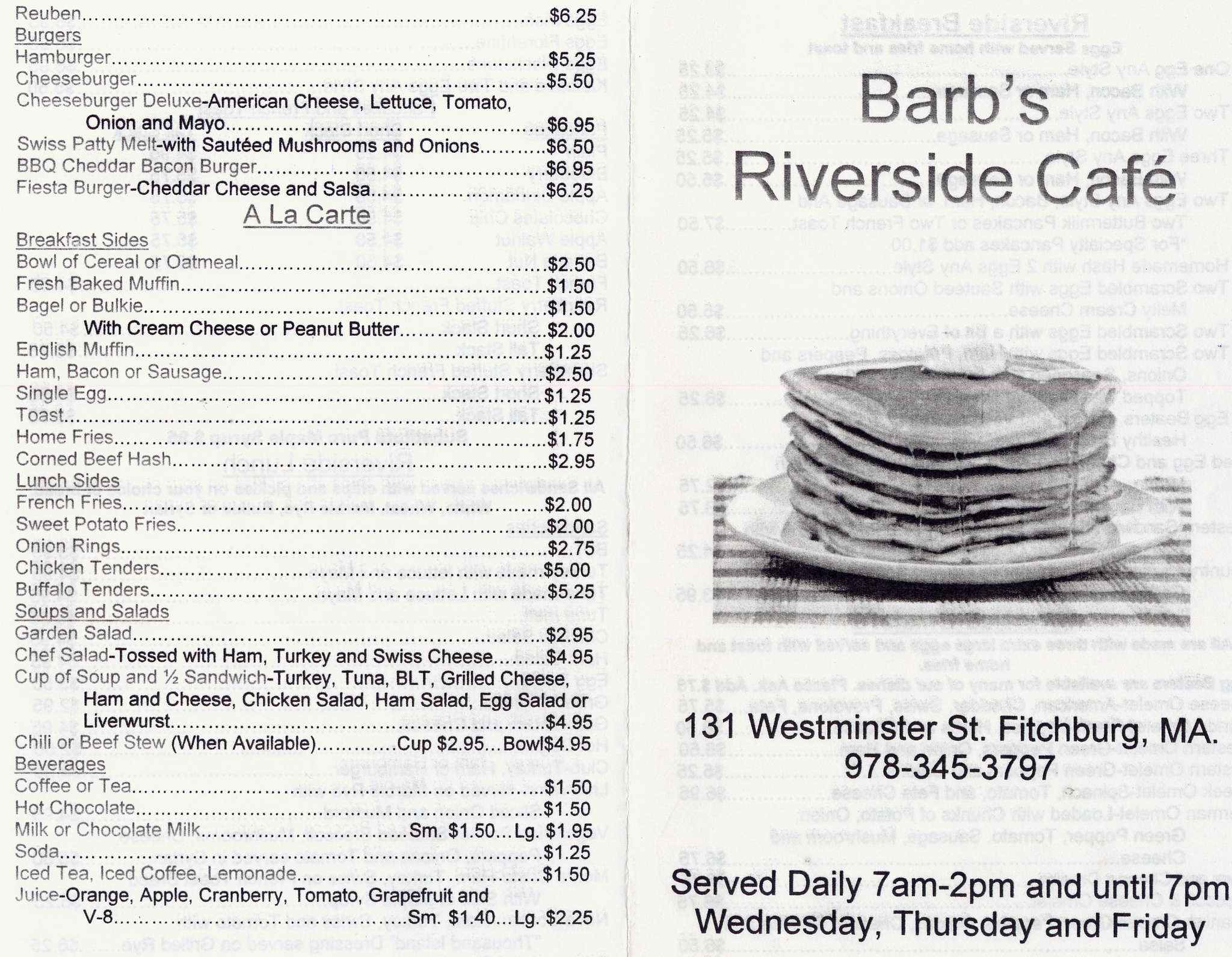 Menu at Barb's Riverside Cafe, Fitchburg