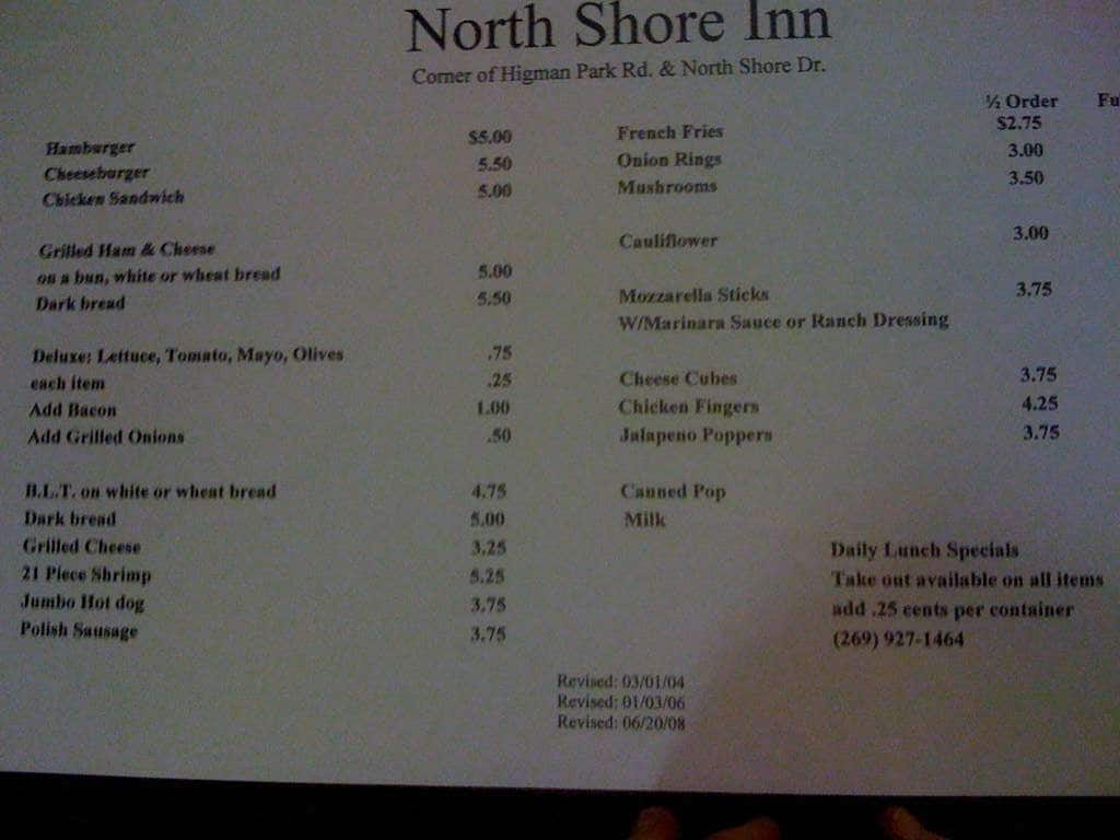 Menu at North Shore Inn pub & bar, Benton Harbor