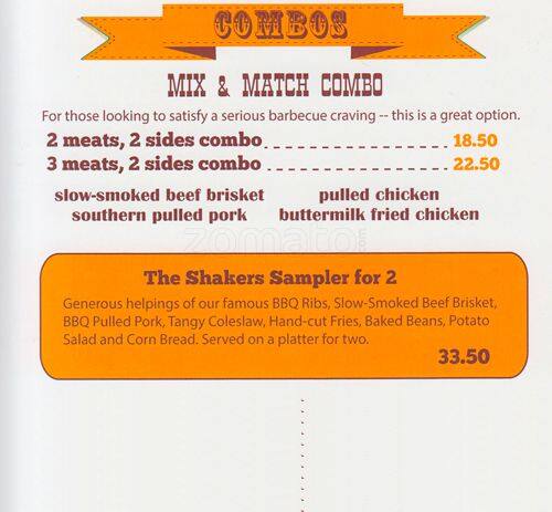 Menu at Shakers Smokehouse BBQ and Sports Bar, Oakville