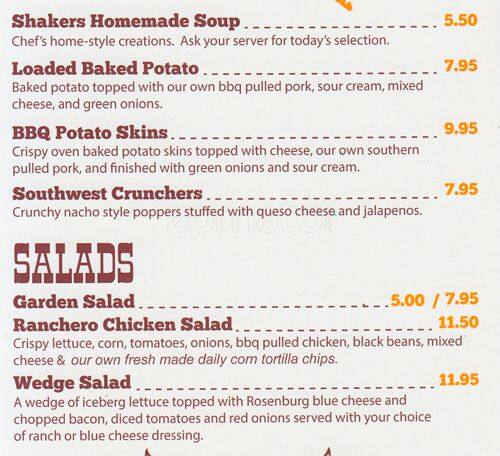 Menu at Shakers Smokehouse BBQ and Sports Bar, Oakville