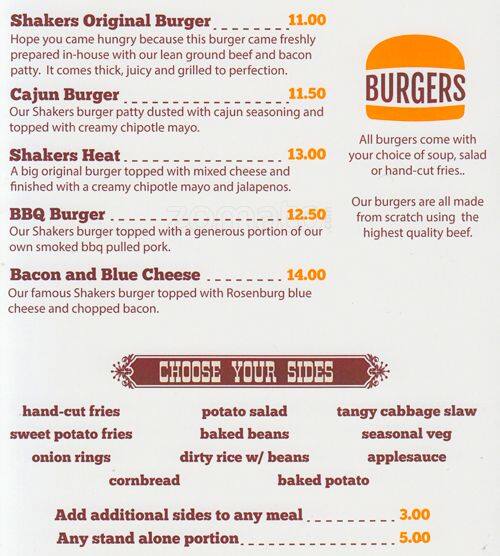 Menu at Shakers Smokehouse BBQ and Sports Bar, Oakville