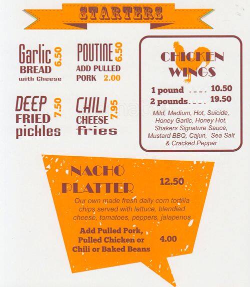 Menu at Shakers Smokehouse BBQ and Sports Bar, Oakville